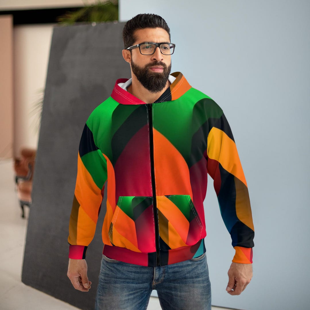 Abstract Geometric Colorblock Zip Hoodie | Bold Neon Blocks All-Over ...