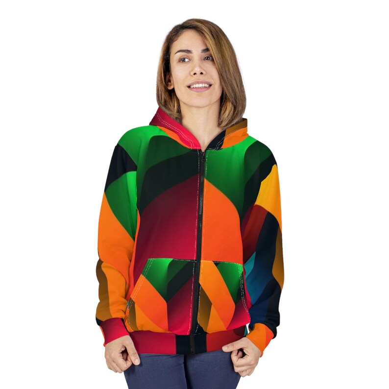 Abstract Geometric Colorblock Zip Hoodie | Bold Neon Blocks All-Over ...