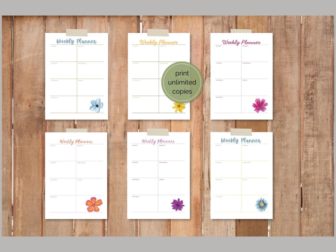 Weekly Planner Printable Bundle of Six One-page Designs in Both Sunday ...