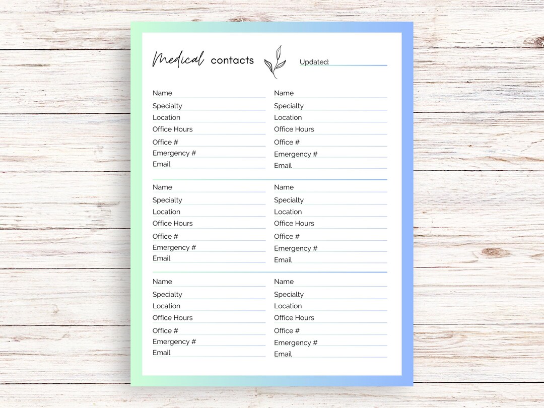 Medical Contacts PRINTABLE List: Medical Contacts Information Sheet - Etsy