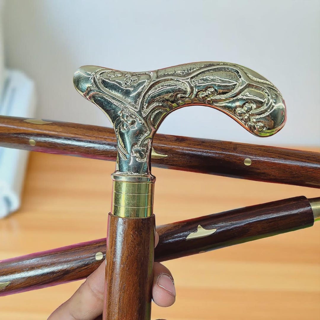 Vintage Wooden Walking Cane – Brass Handle – Vintage Style Mobility Aid ...