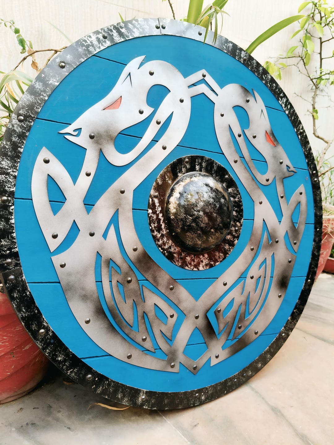 Handmade Viking Dragon Shield – Blue Wooden Round Shield, Norse Dragon ...