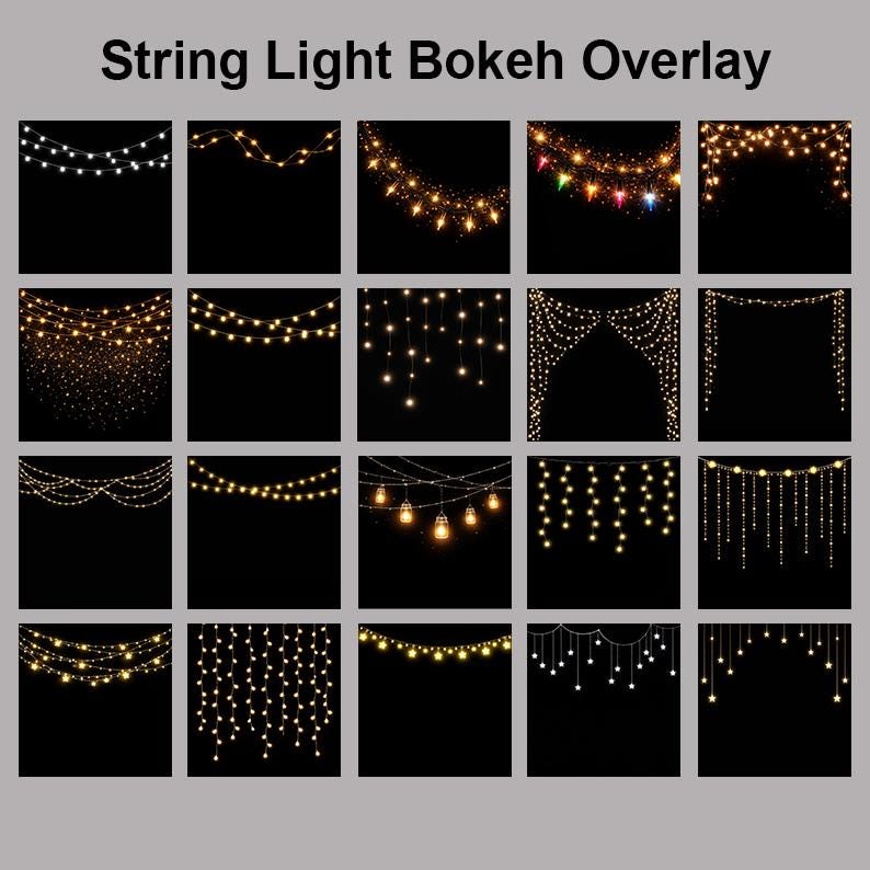 String Lights Bokeh Overlay | Warm Fairy Lights Photo Overlay | 40 PNG Photoshop Overlays for ...