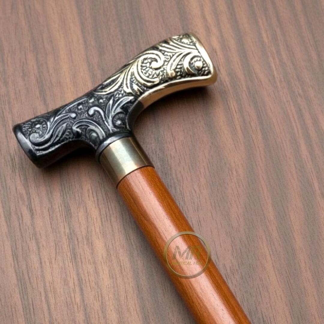 Antique Brass Handle Walking Stick – Wooden Cane, Three-fold Stick ...