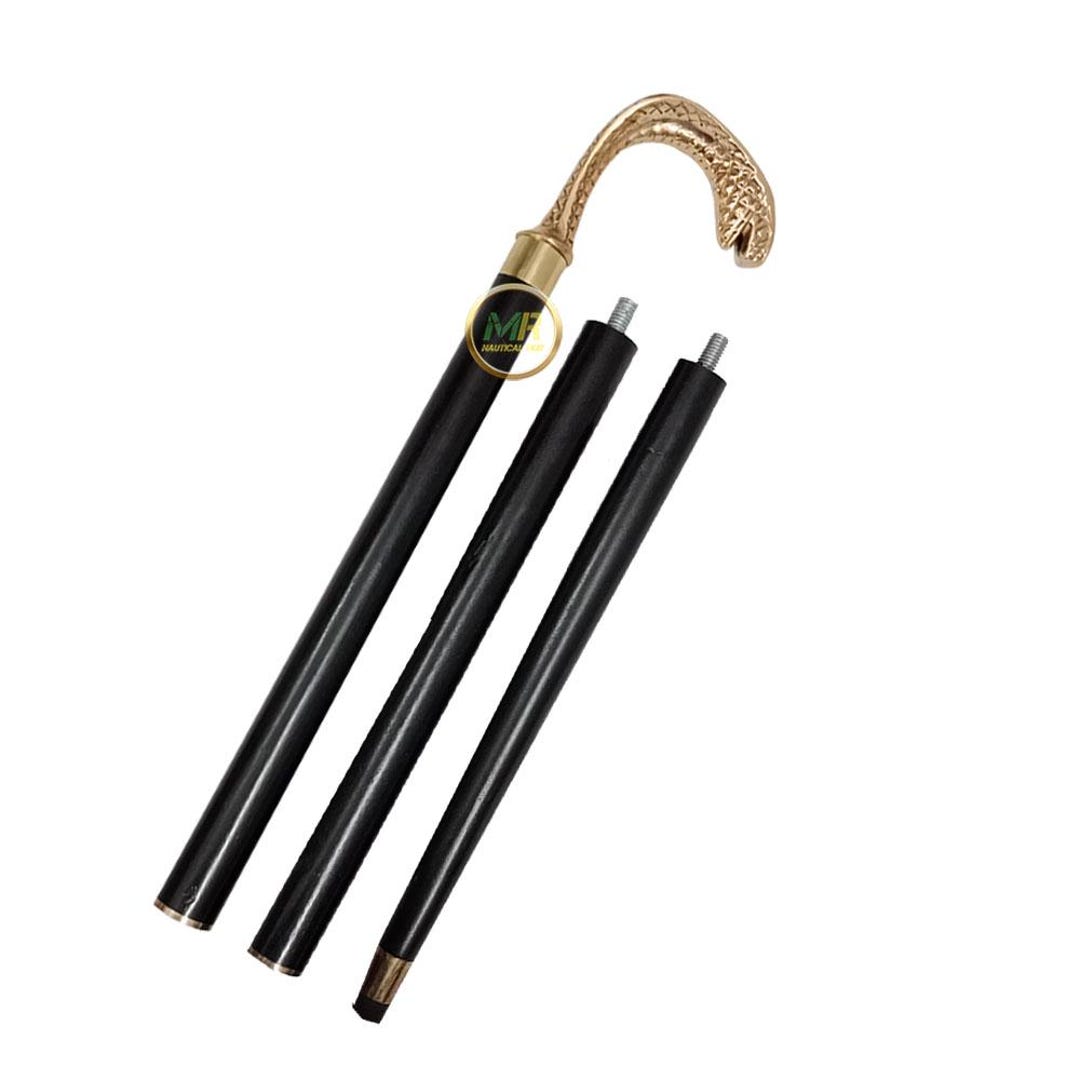Foldable Wooden Black Walking Cane – Snake Design Brass Handle ...