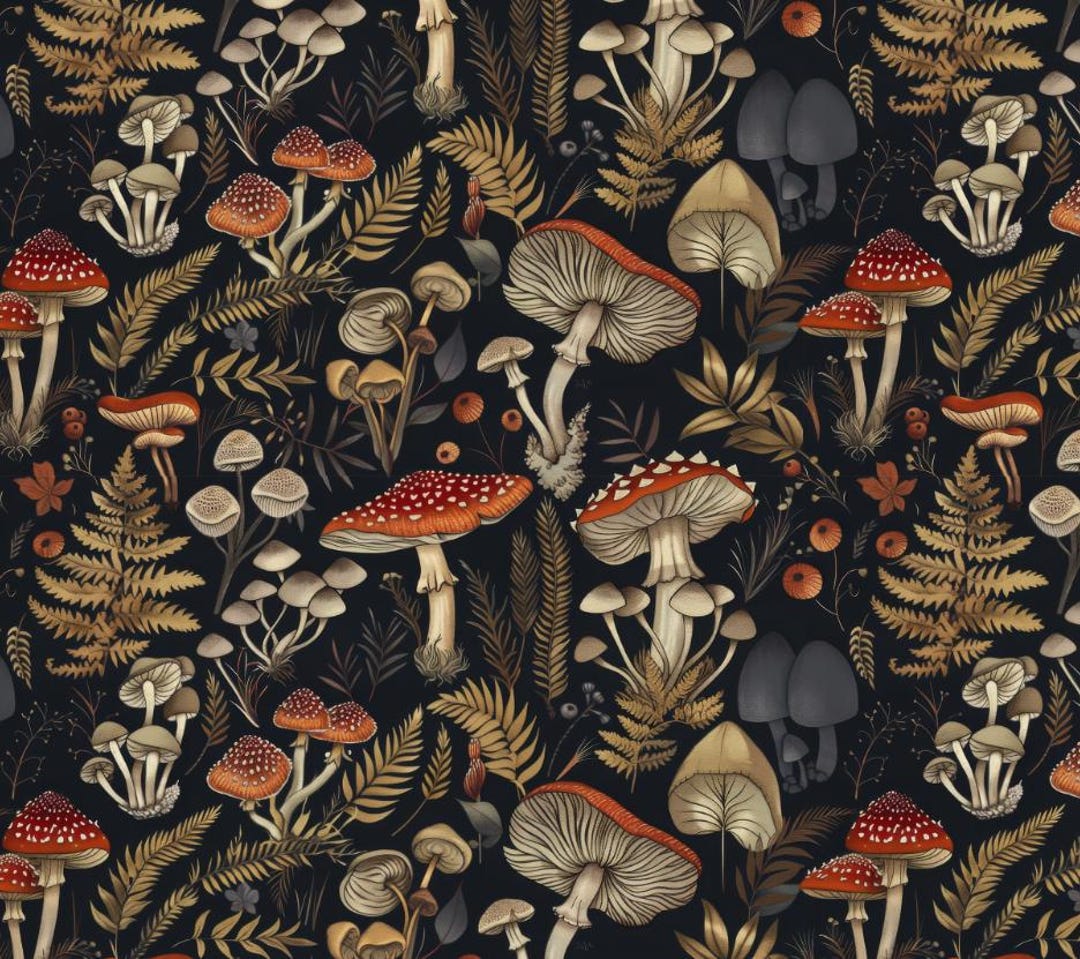 Vintage Jungle Mushrooms 100% Pure Cotton Fabric-mushroom Fabric-sold ...