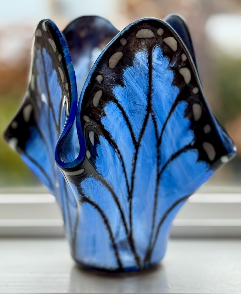 Morpho Butterfly–inspired Fused Glass Vase – Handcrafted Blue Art Glass ...
