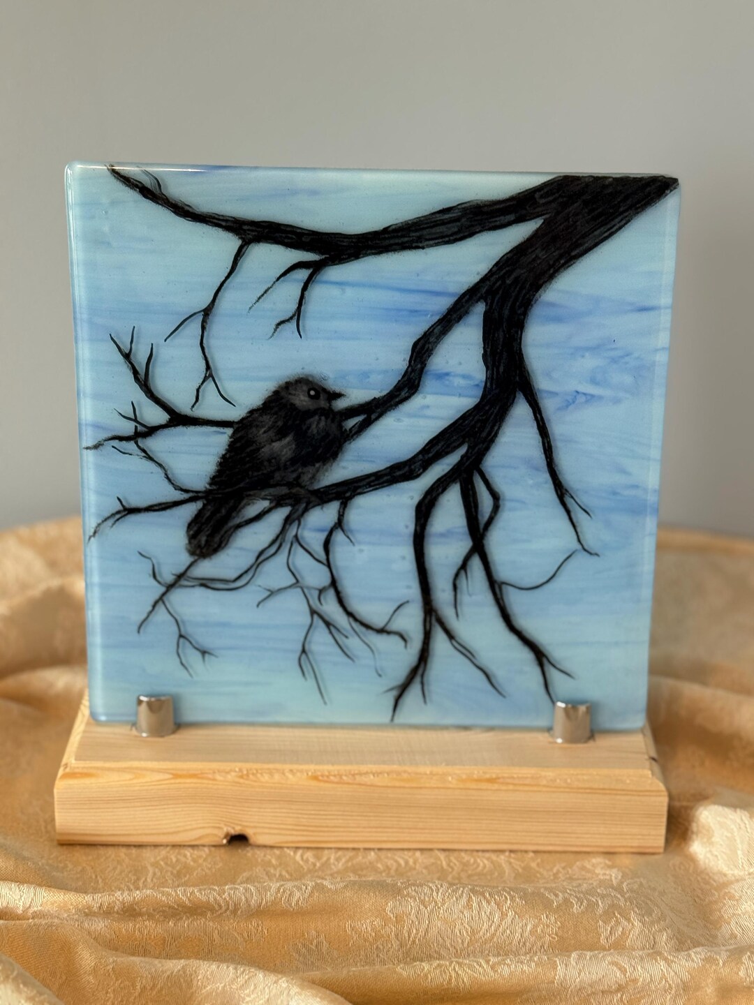 Bird, Tree Branch: Fused Glass Panel, 9”x9” - Etsy