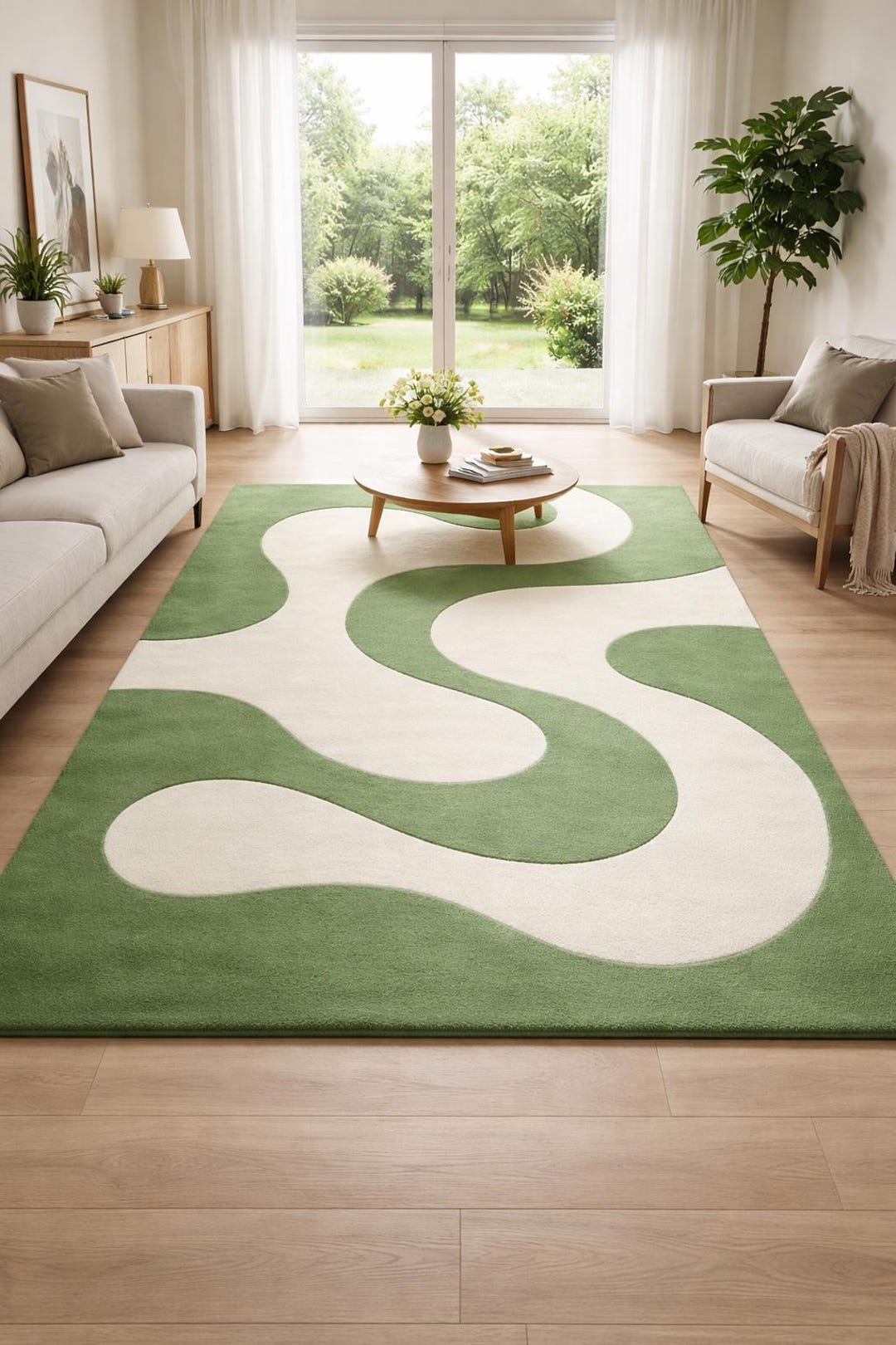 Modern Abstract Green Area Rug, Minimalist Wave Pattern Carpet, Sage ...