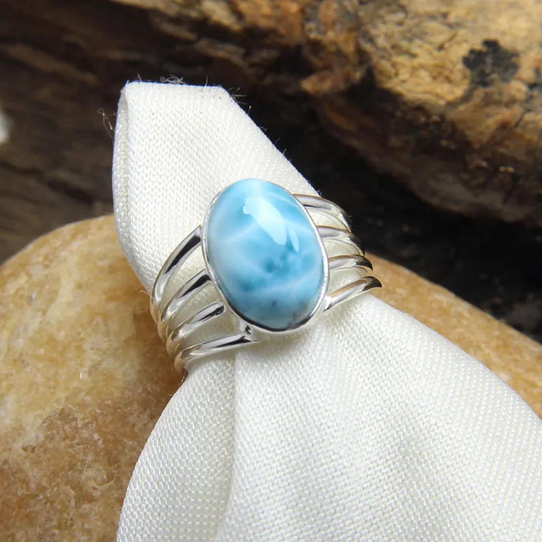 Natural Larimar Oval Ring 925 Sterling Silver Statement Ring, Gemstone ...