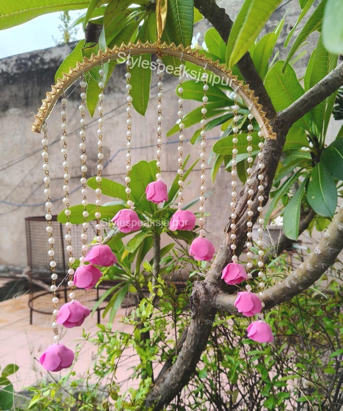 Traditional Foam Floral Half Moon Wall Hanging Pearl Strings for ...