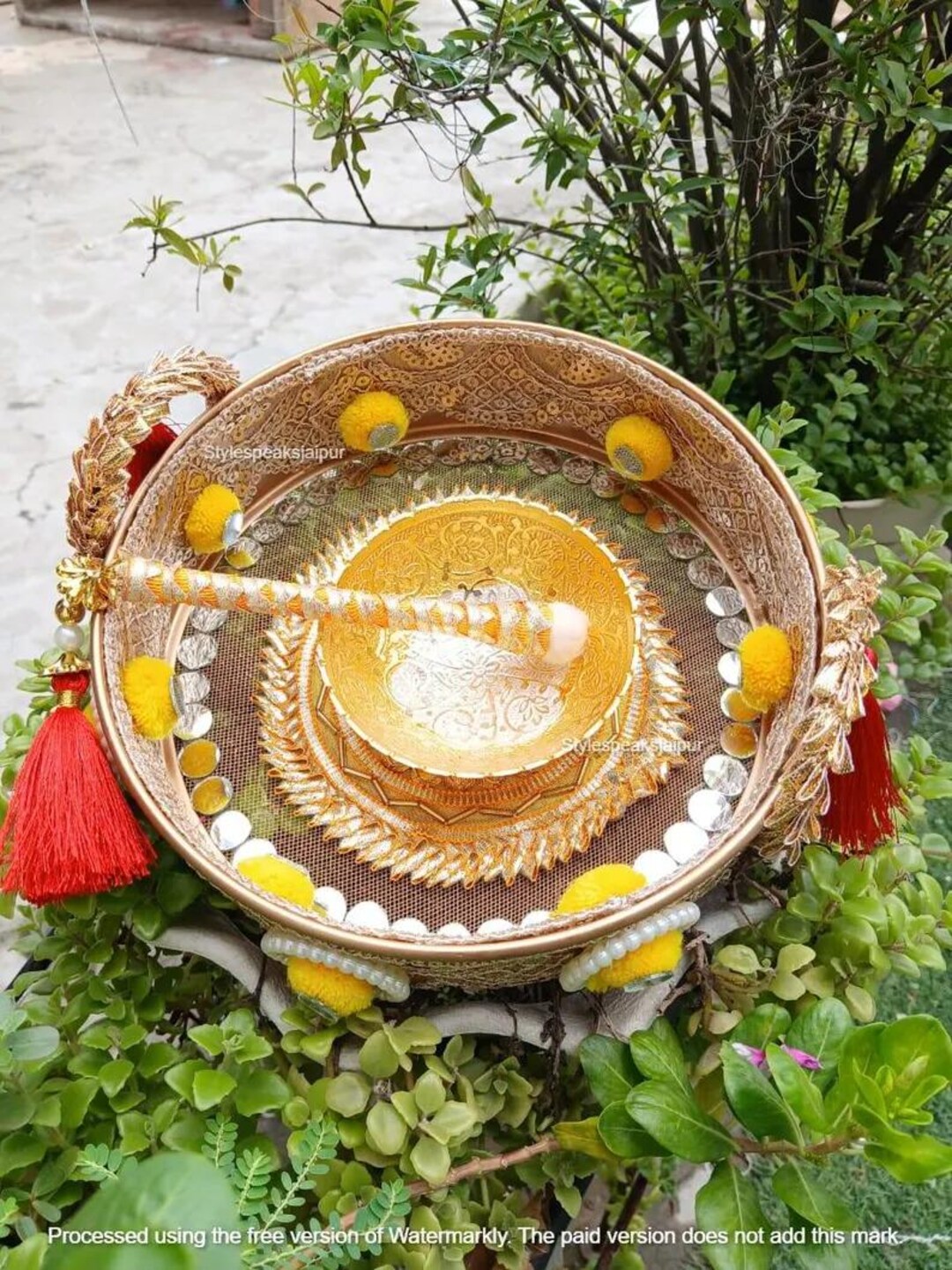Mirror Work Haldi Plate With Bowl & Applicator Haldi Mehndi Thali ...