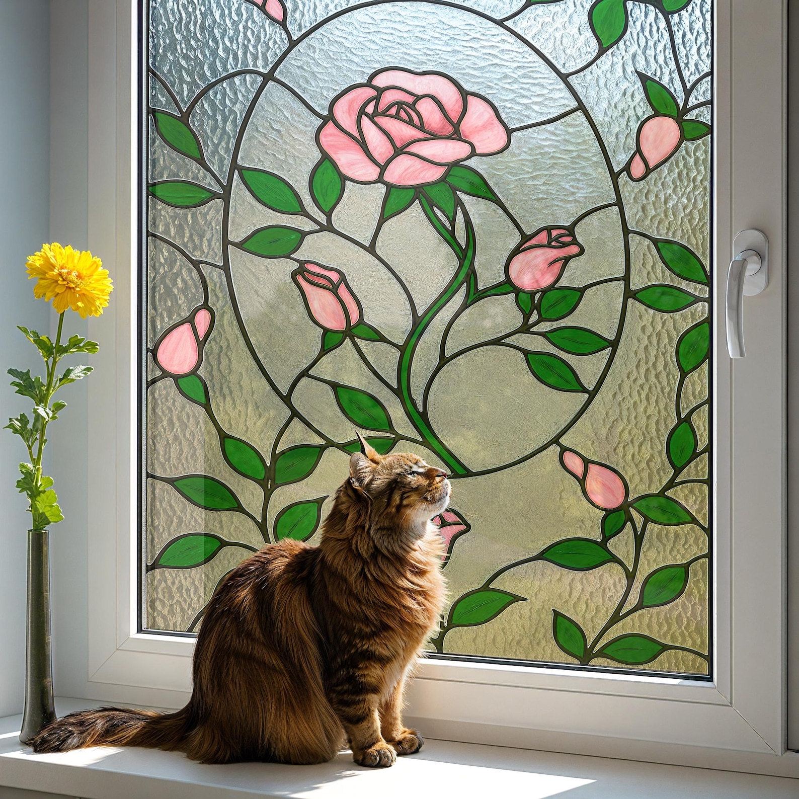 Pink Rose Stained Glass Window Film – Floral Privacy Cling, Peel ...