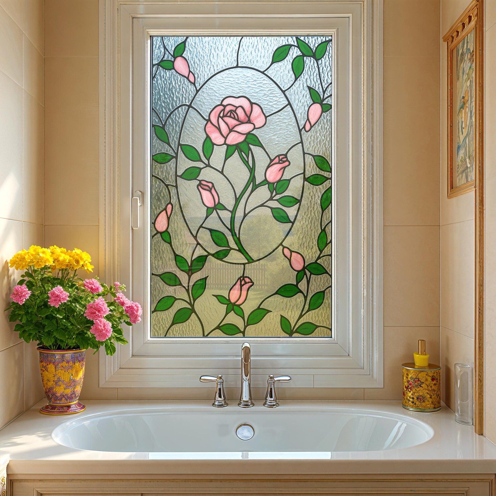 Pink Rose Stained Glass Window Film – Floral Privacy Cling, Peel ...