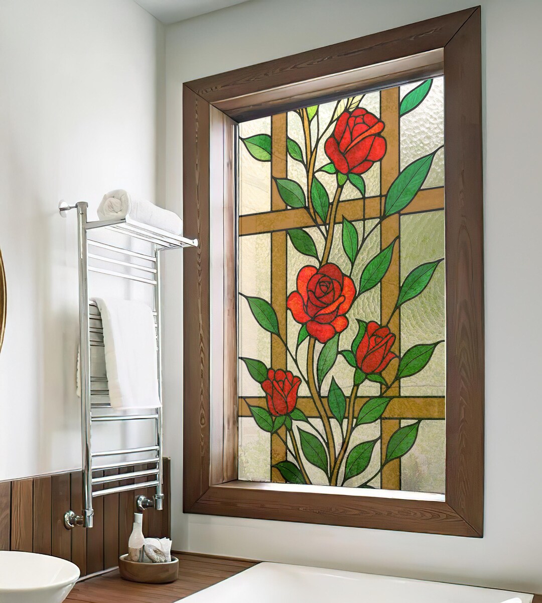 Rose Stained Glass Window Film – Red Floral Privacy Cling, Self ...