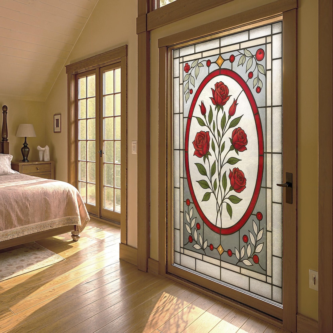 Victorian Rose Stained Glass Window Film – Red Floral Privacy Cling ...