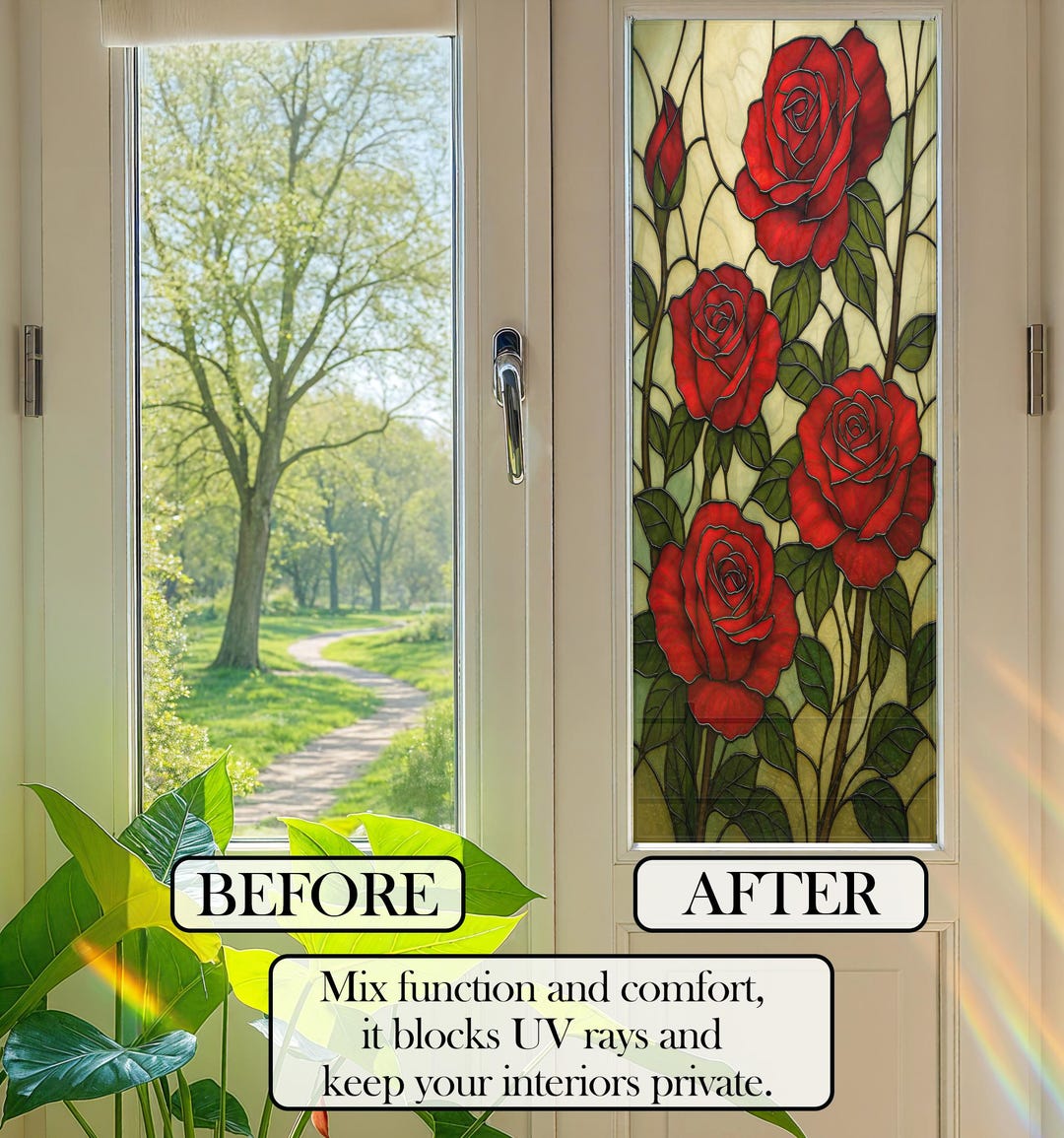 Red Rose Stained Glass Window Film – Romantic Floral Privacy Cling ...