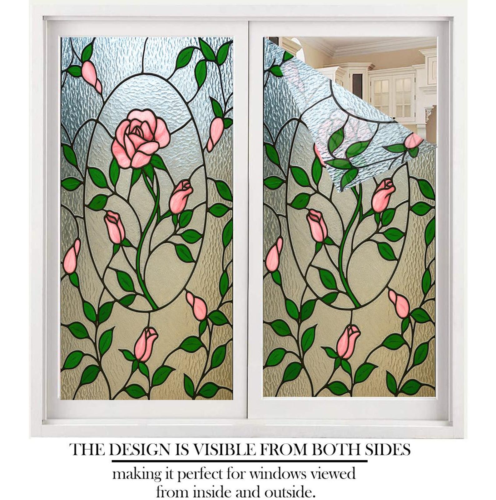 Pink Rose Stained Glass Window Film – Floral Privacy Cling, Peel ...