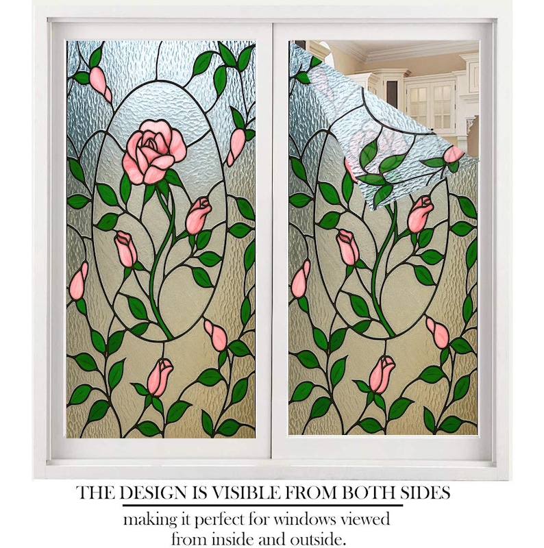 Pink Rose Stained Glass Window Film – Floral Privacy Cling, Peel ...