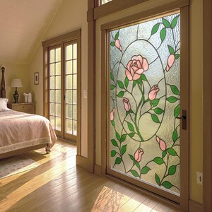 Pink Rose Stained Glass Window Film – Floral Privacy Cling, Peel ...