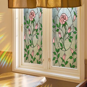 Pink Rose Stained Glass Window Film – Floral Privacy Cling, Peel ...