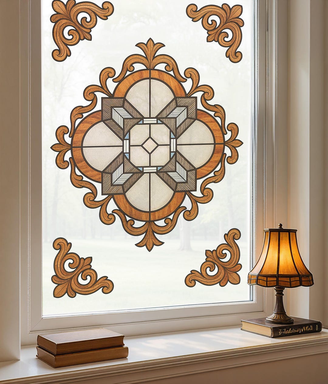 Rustic Floral Stained Glass Window Film – Vintage Wood-tone Mandala ...
