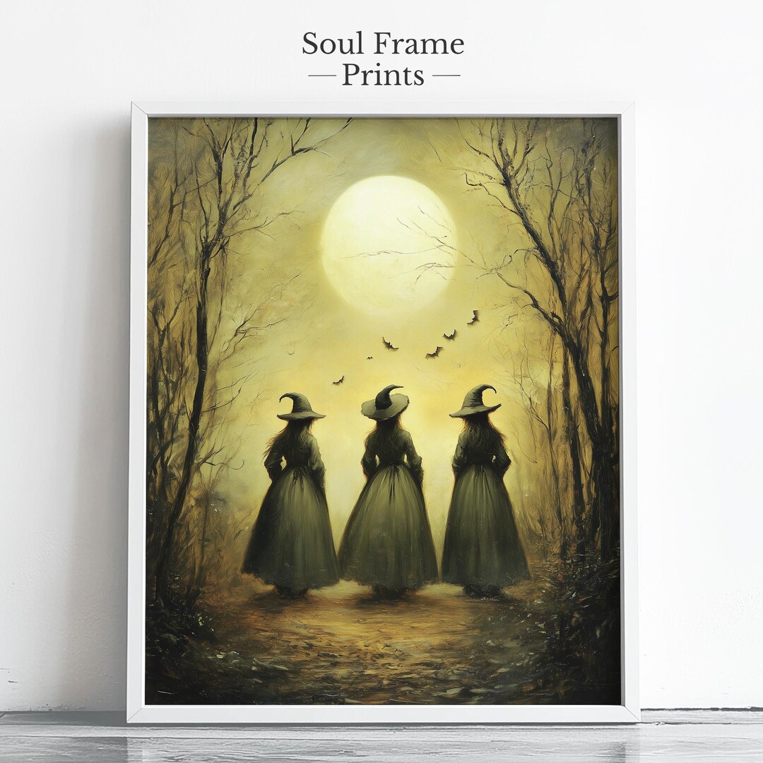 Witchy Halloween Printable Wall Art — Vintage Witch Trio in Forest ...