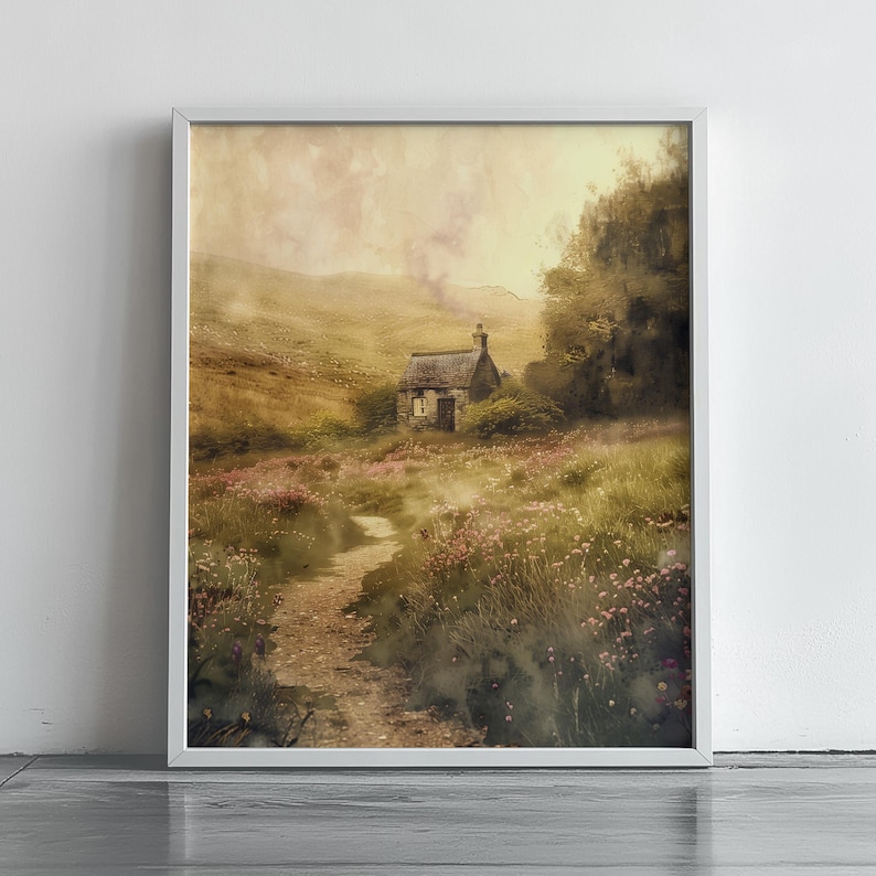 Cottagecore Landscape Print, Misty Stone House Art (digital Download ...