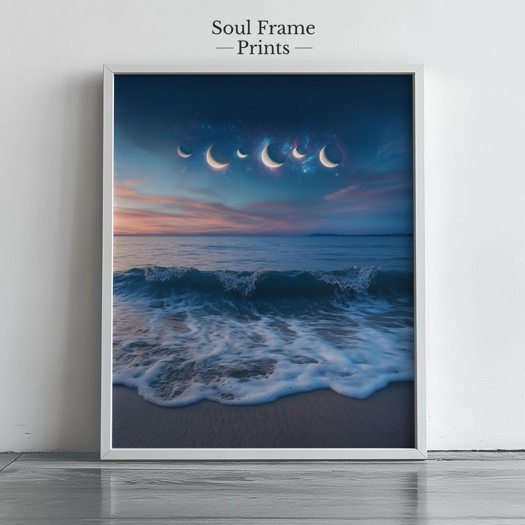 Moon Phase Ocean Wall Art Celestial Beach Sunset Print Cosmic Wave ...