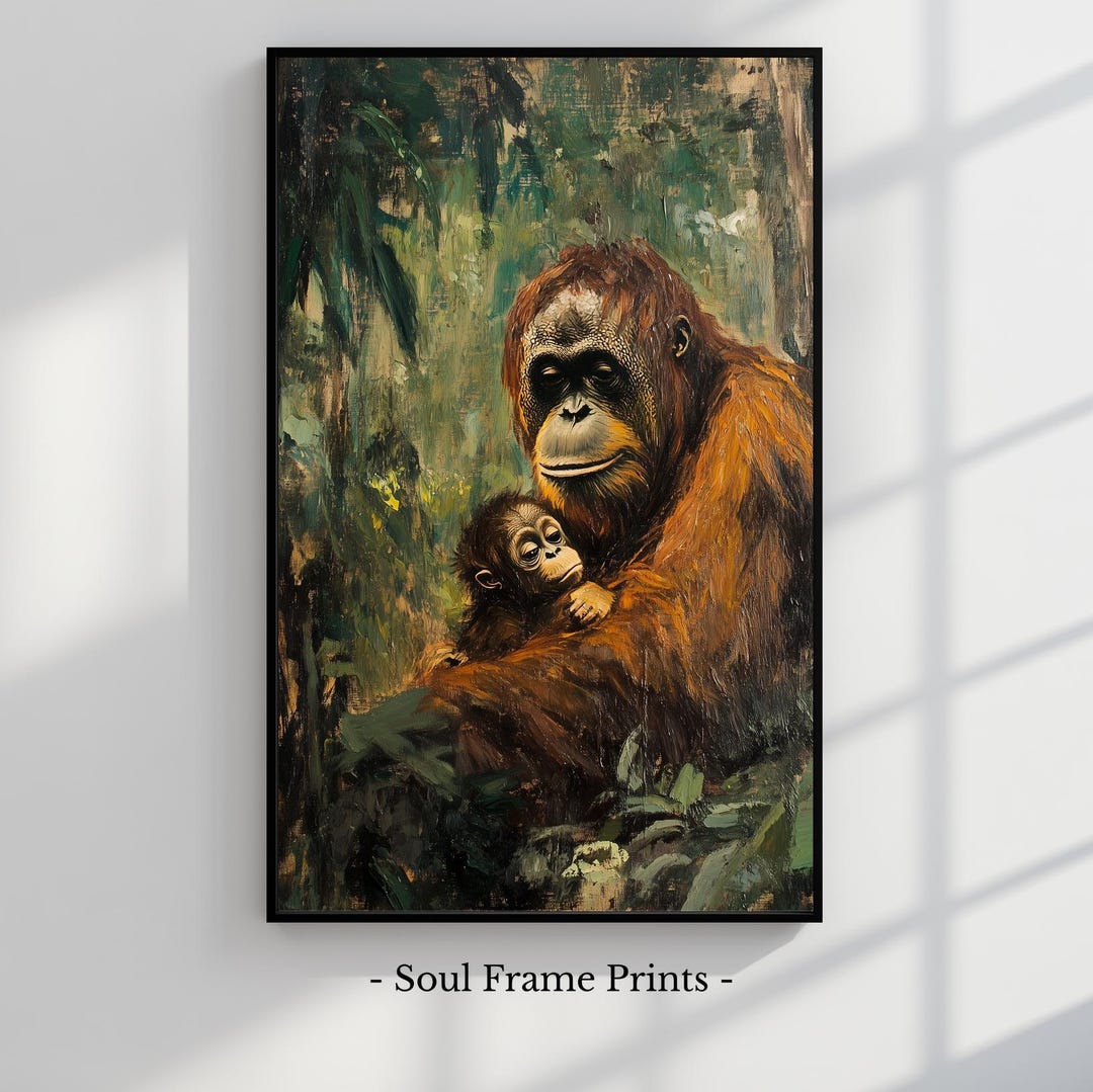 Vintage Orangutan Family Painting - Printable Jungle Wall Art, Rustic ...