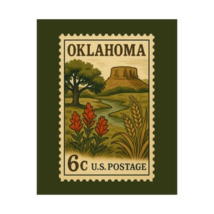 Oklahoma Postage Stamp Print | Vintage Style Retro Travel Poster Decor ...