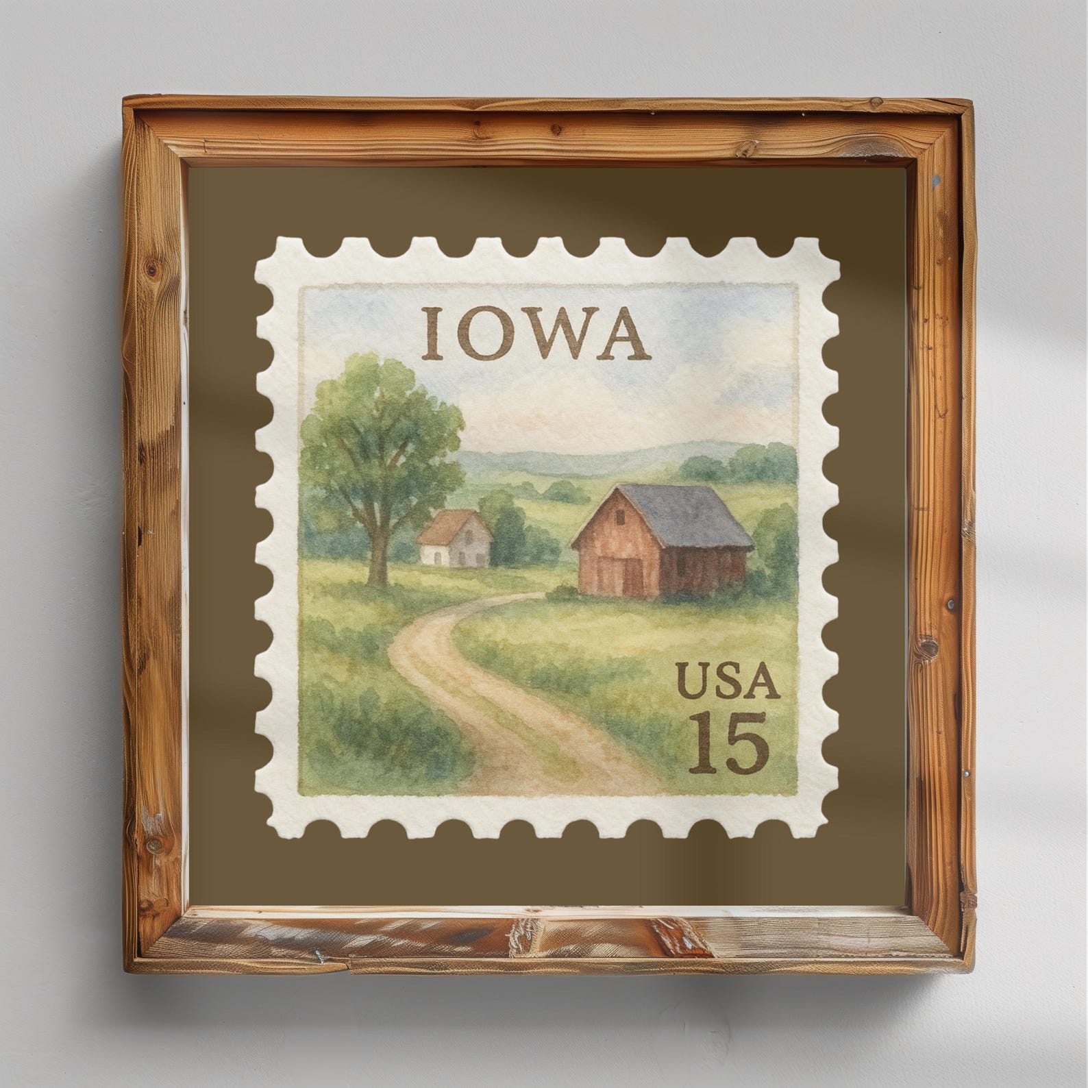 Iowa State Postage Stamp Wall Art | Square Vintage Watercolor Print ...