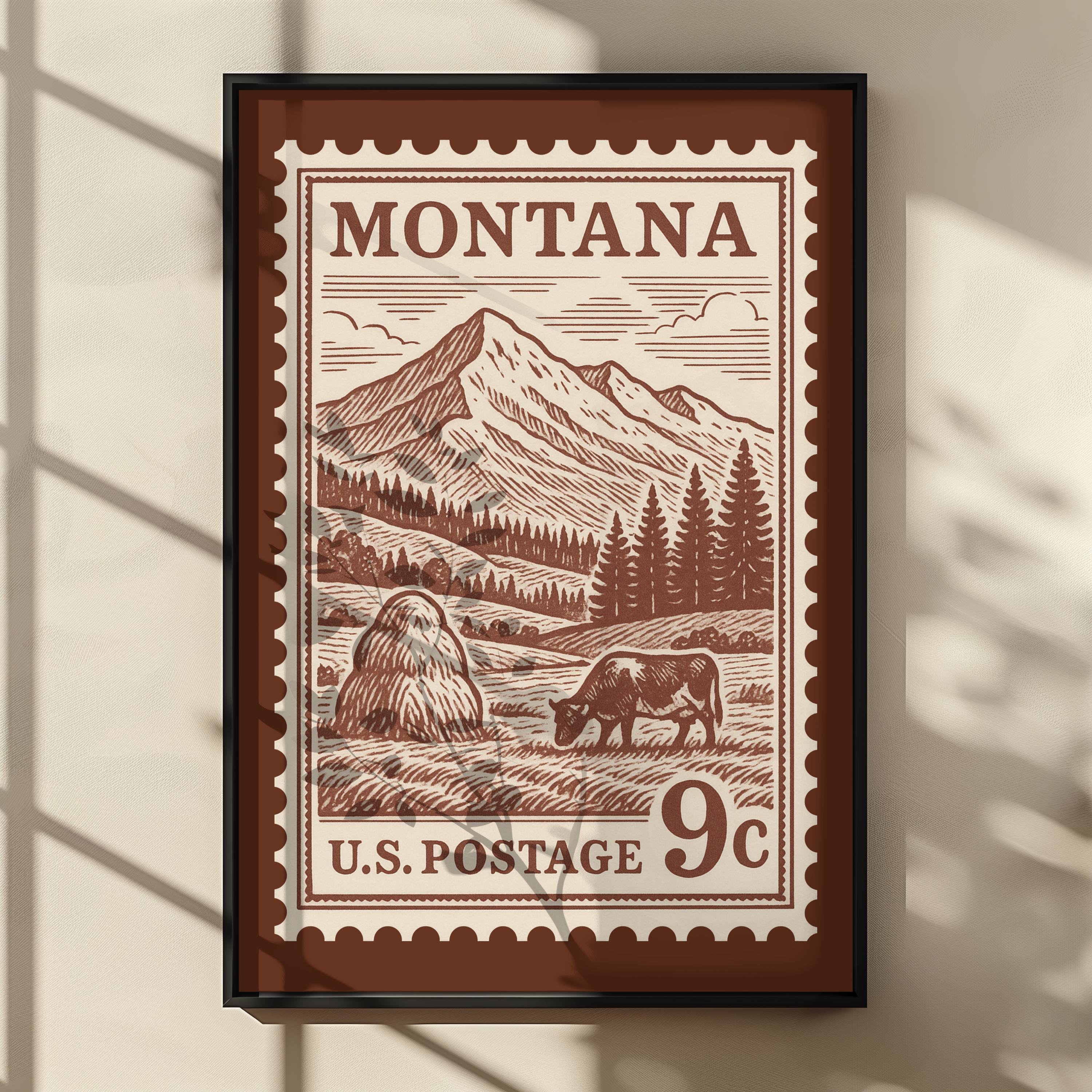Montana Postage Stamp Print | Retro Western Cow Wall Art | Mountain ...