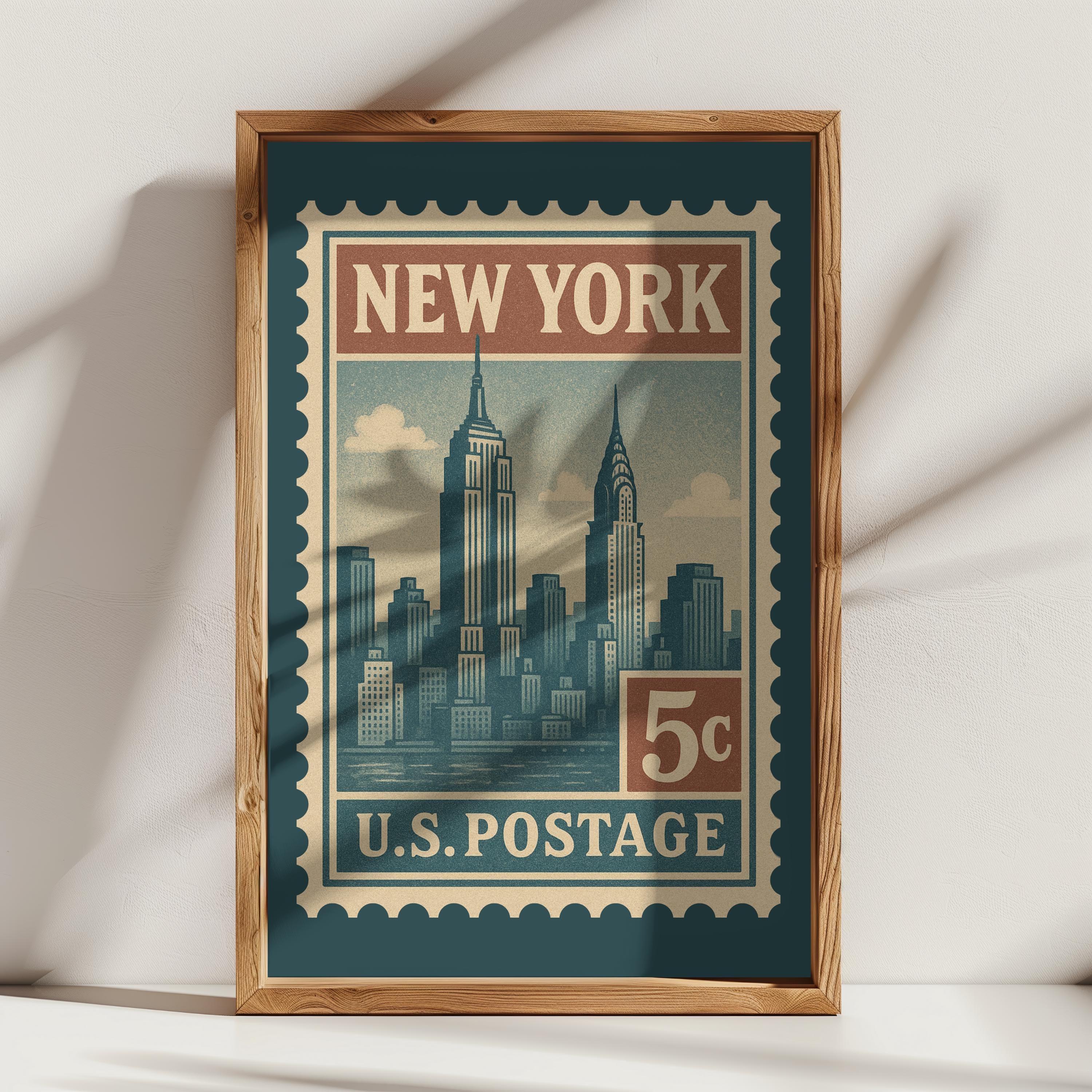 New York Postage Stamp Print | Retro NYC Skyline Wall Art | Empire ...