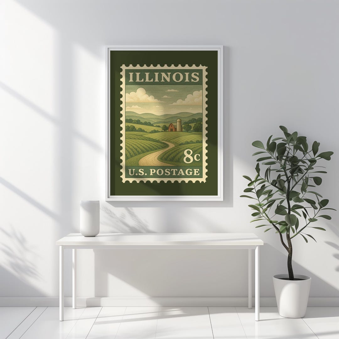 Illinois Postage Stamp Art Print | Vintage Midwest Farm Landscape ...