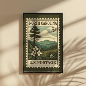 North Carolina Postage Stamp Print | US State Travel Poster | Retro ...