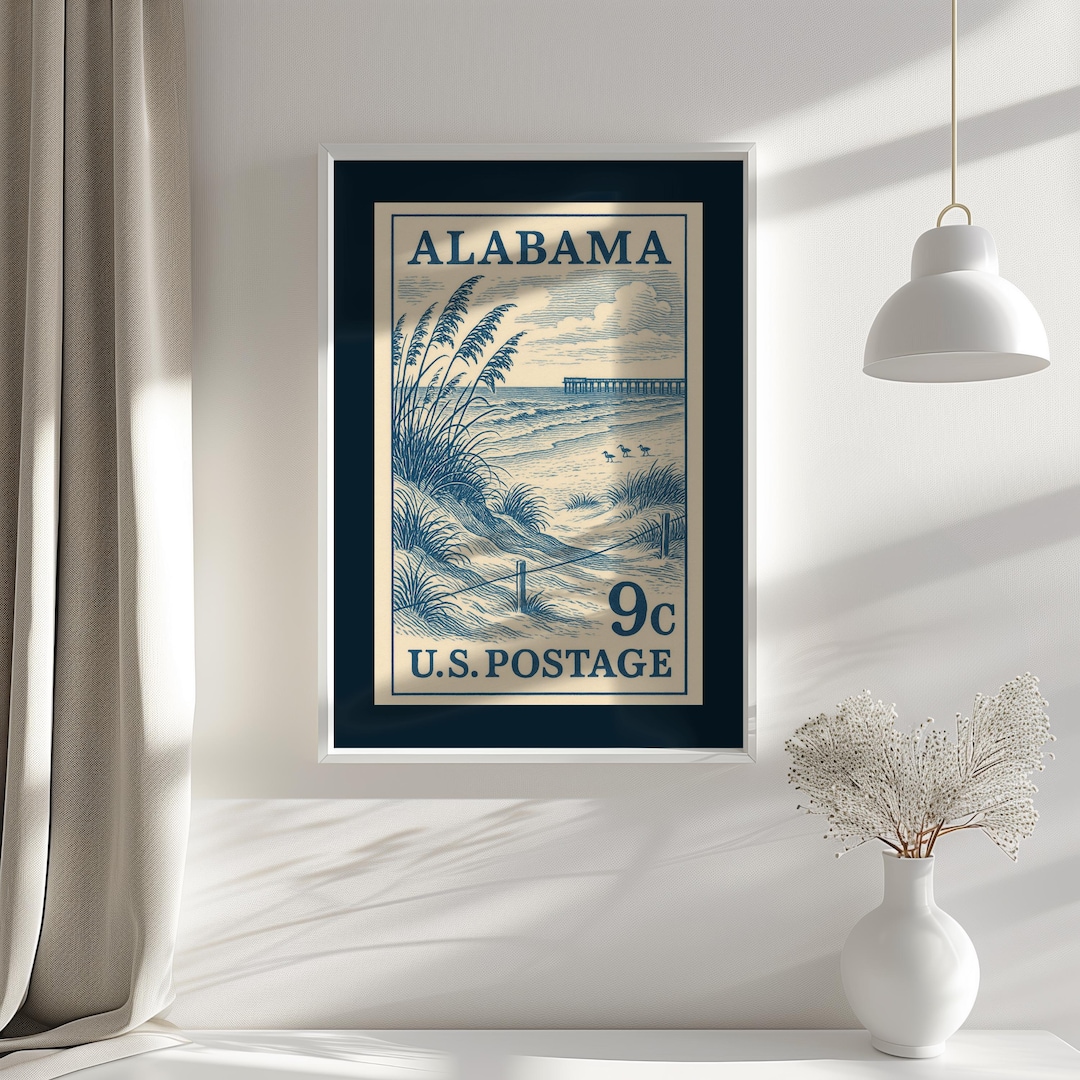 Alabama Postage Stamp Poster | Vintage Style AL Coastal Beach Scene ...