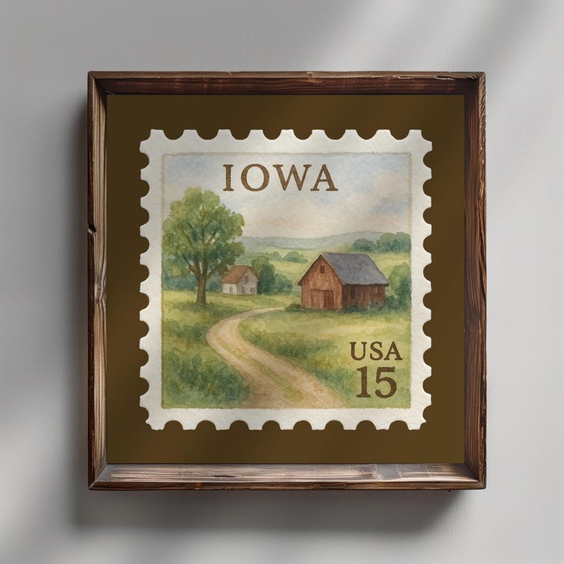 Iowa State Postage Stamp Wall Art | Square Vintage Watercolor Print ...