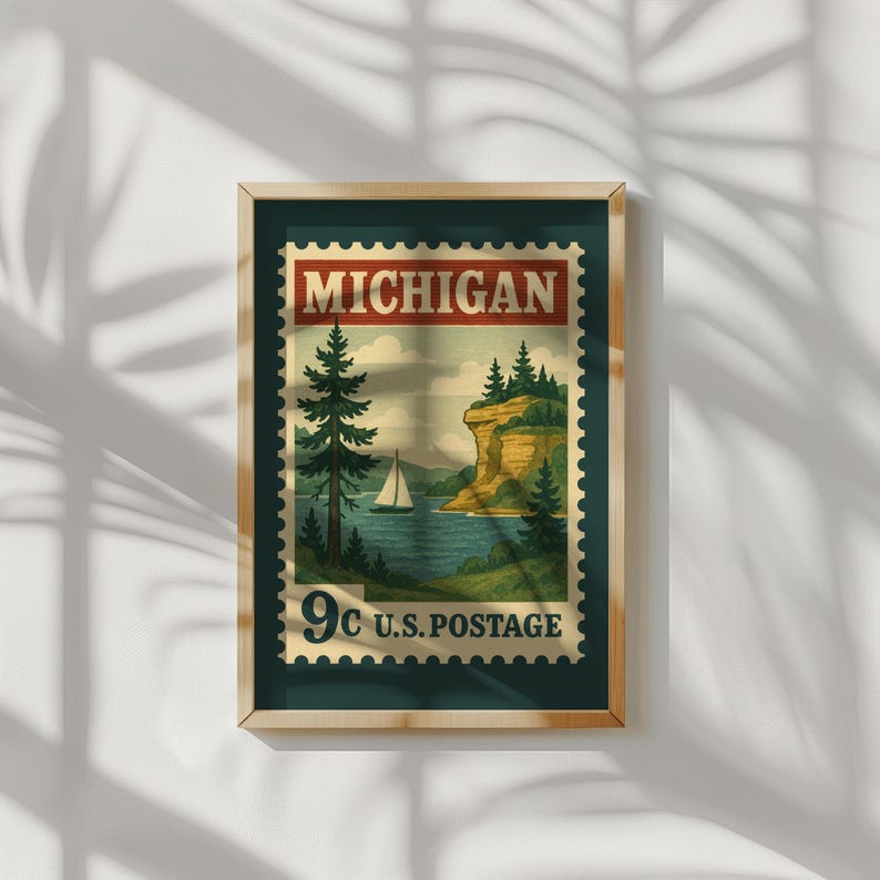 Vintage Michigan Postage Stamp Print | Pictured Rocks Lake Superior ...