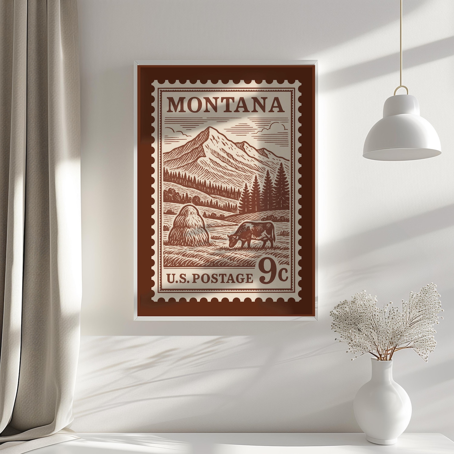 Montana Postage Stamp Print | Retro Western Cow Wall Art | Mountain ...