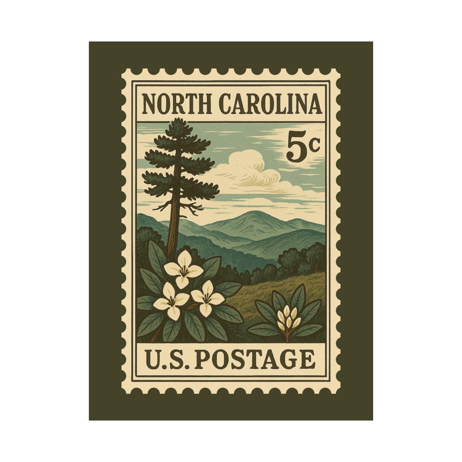 North Carolina Postage Stamp Print | US State Travel Poster | Retro ...