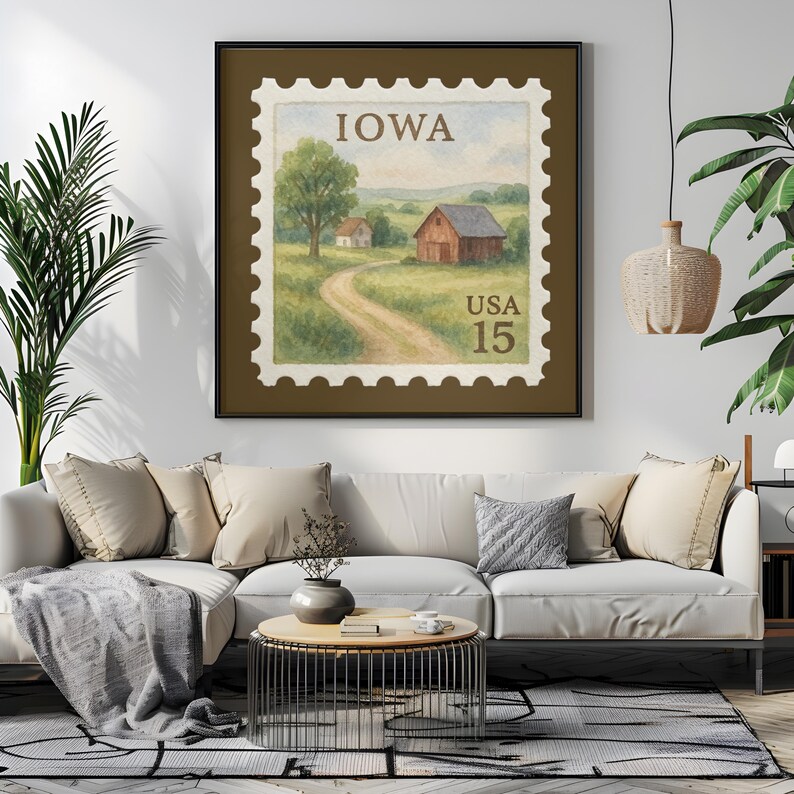 Iowa State Postage Stamp Wall Art | Square Vintage Watercolor Print ...
