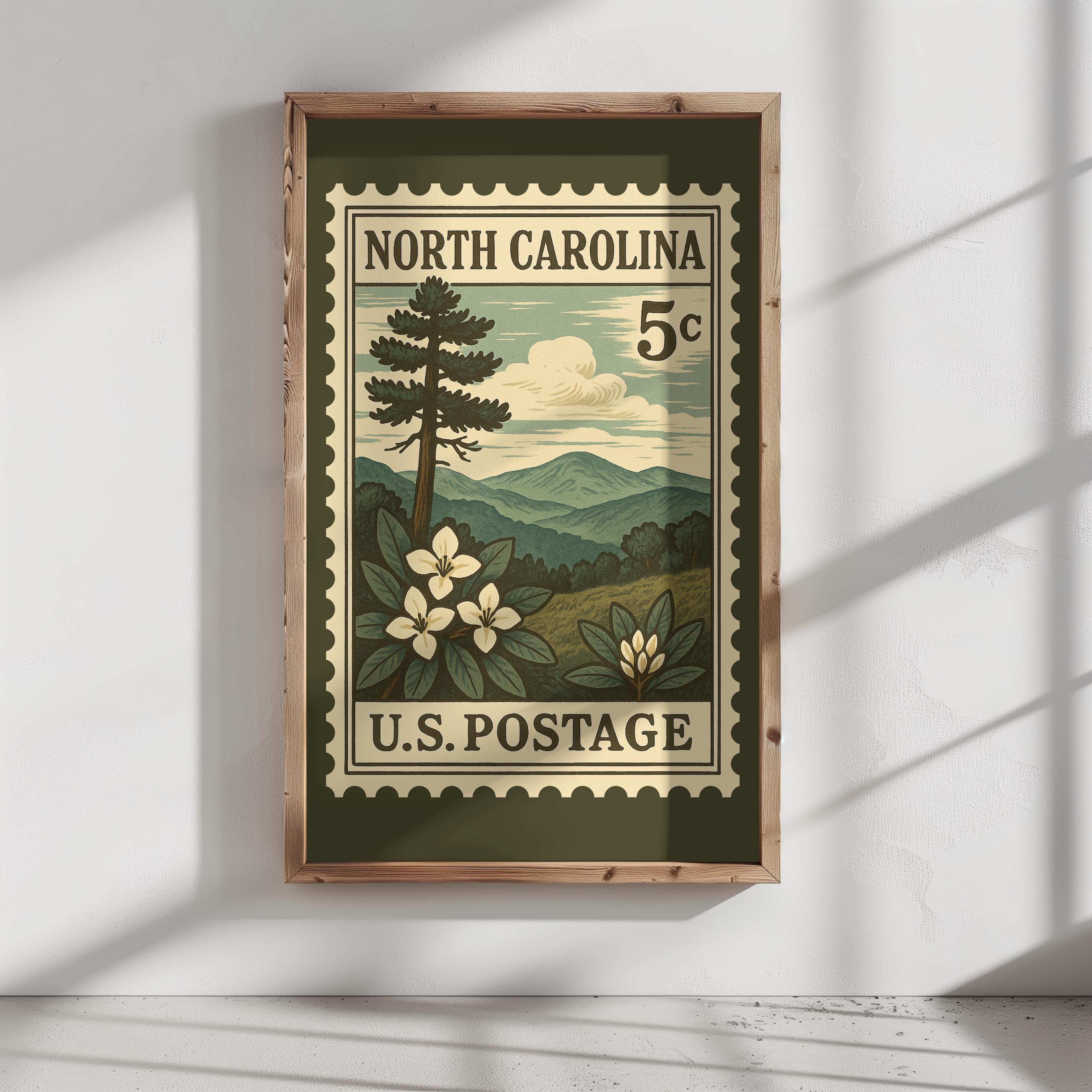 North Carolina Postage Stamp Print | US State Travel Poster | Retro ...