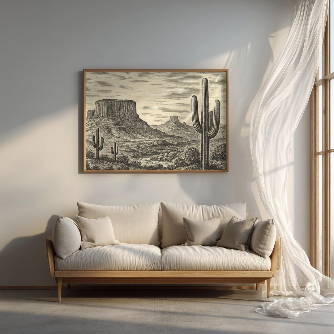Engraved Style Desert Mesa Print | Vintage Intaglio Cactus Landscape ...