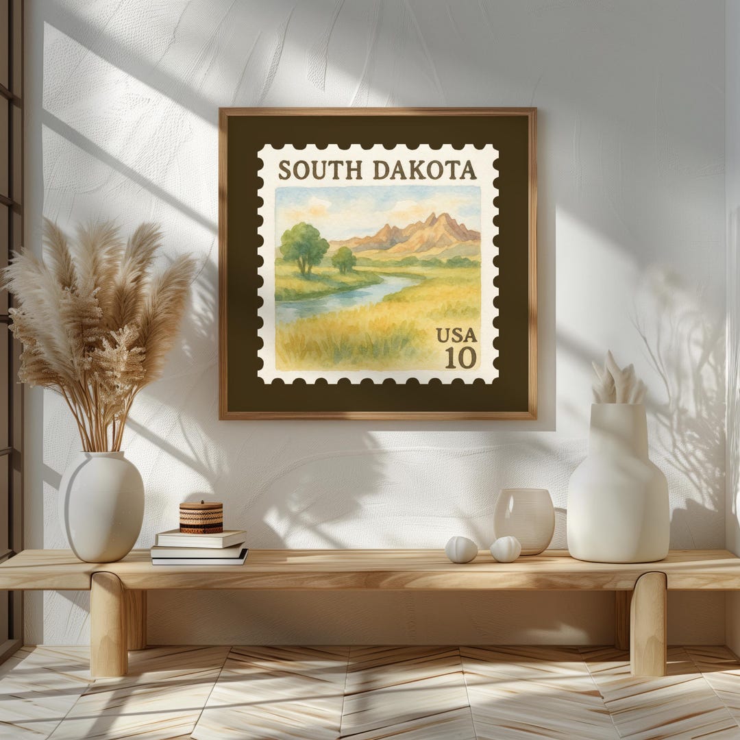 South Dakota State Postage Stamp Wall Art | Square Vintage Watercolor ...