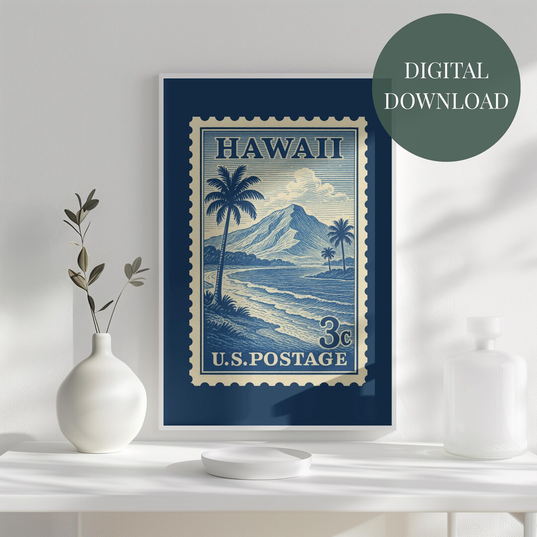 Printable Hawaii Vintage Postage Stamp Art | Digital Download | Blue ...