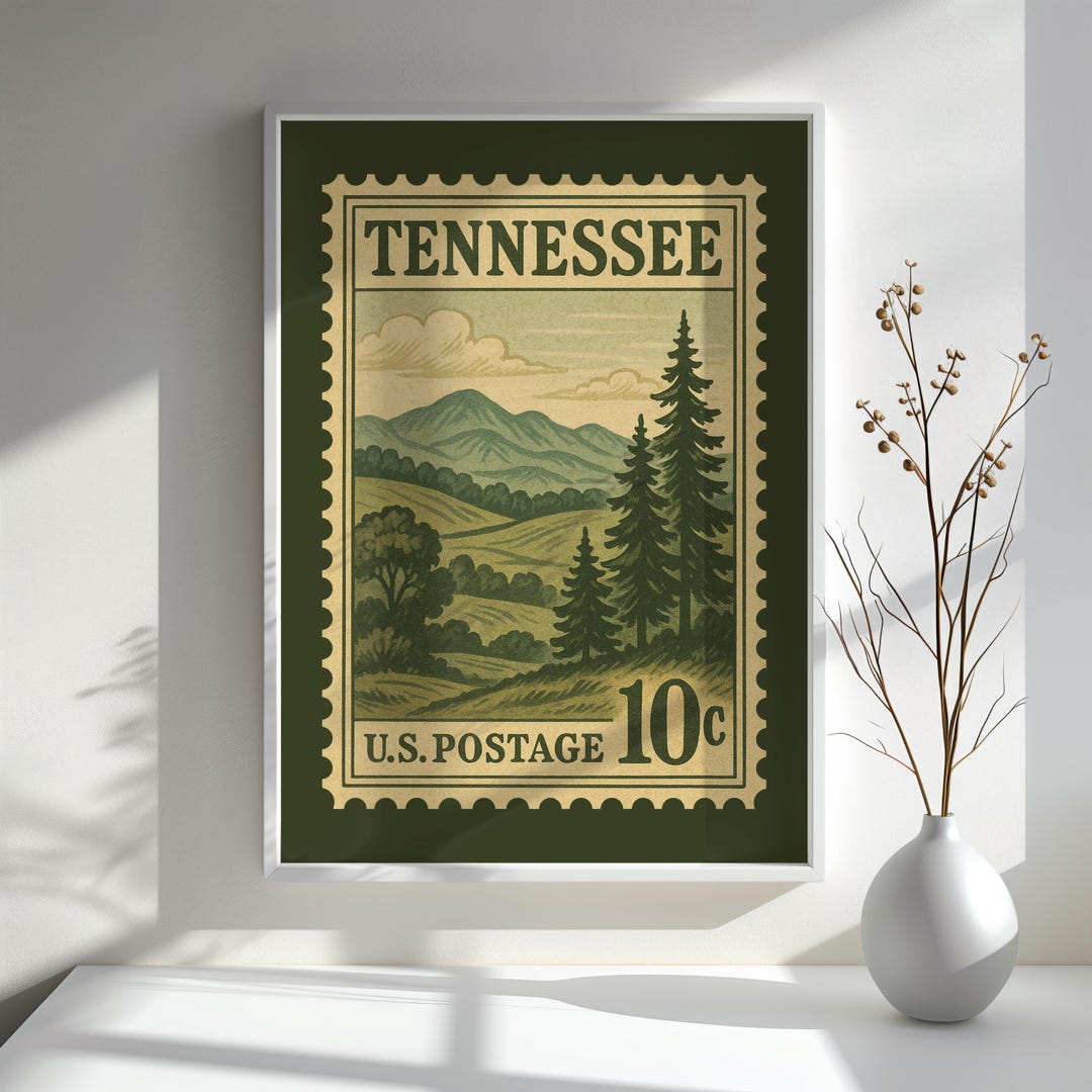 Tennessee Vintage Postage Stamp Art Print | Smoky Mountains Landscape ...