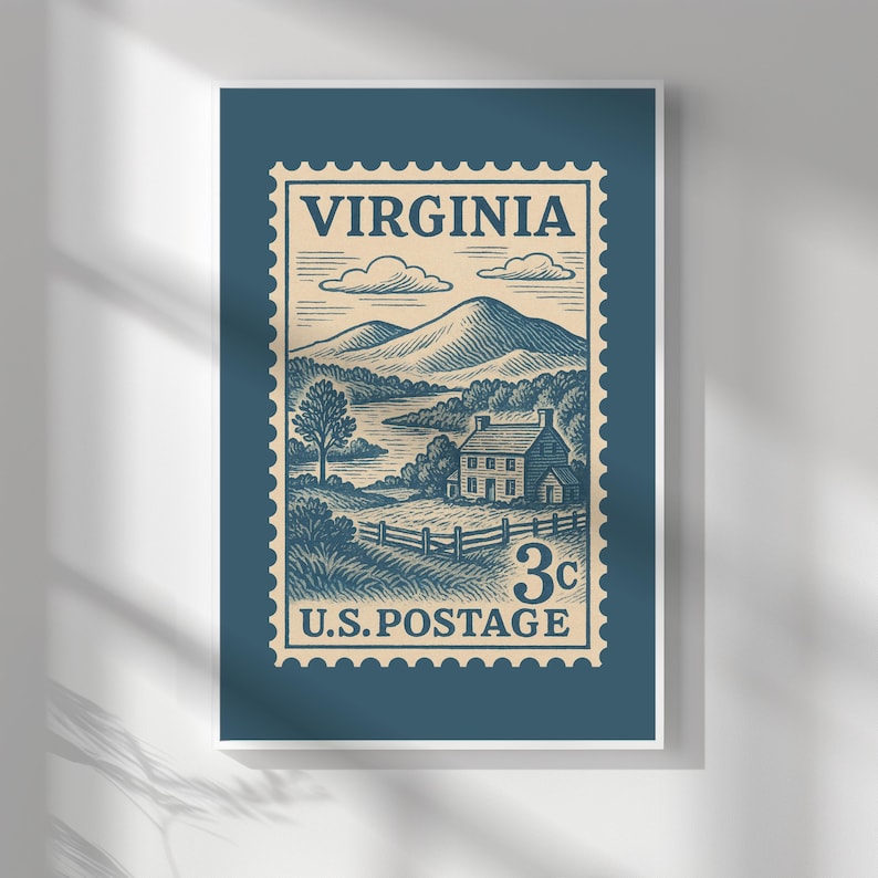 Virginia Vintage Postage Stamp Wall Art | Blue Ridge Mountains ...