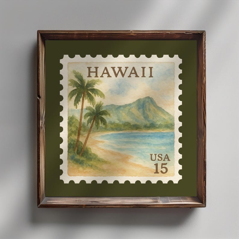 Hawaii State Postage Stamp Wall Art | Square Vintage Watercolor Print ...