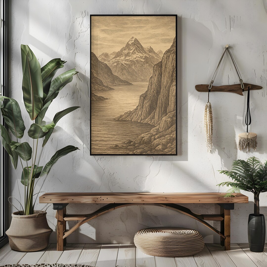 Engraved Style Mountain Fjord Wall Art | Vintage Intaglio Style ...